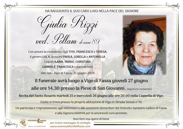 E' mancata Giulia Rizzi vedova Pollam, 89 anni, di Sèn Jan - Vigo di ...