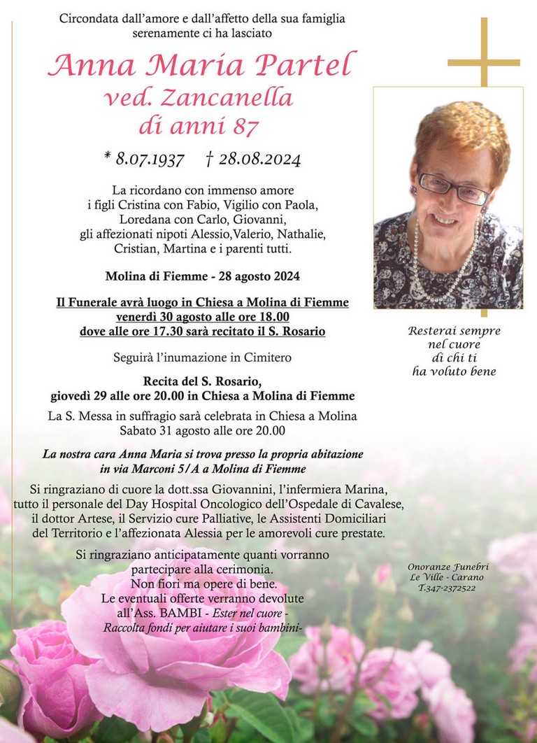 E' manacata Anna Maria Partel vedova Zancanella, 87 anni, di Molina di ...